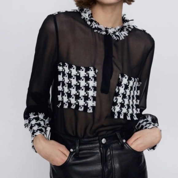 Zara | Tops | Nwt Zara Black And White Tweed Pockets Sheer Dress Shirt ...